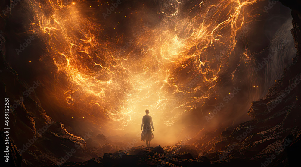 Person in a burning background with a fire breaking out. created by ...
