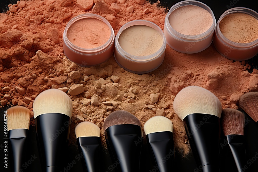 Flatlay composition with various of makeup face powders and brushes ...