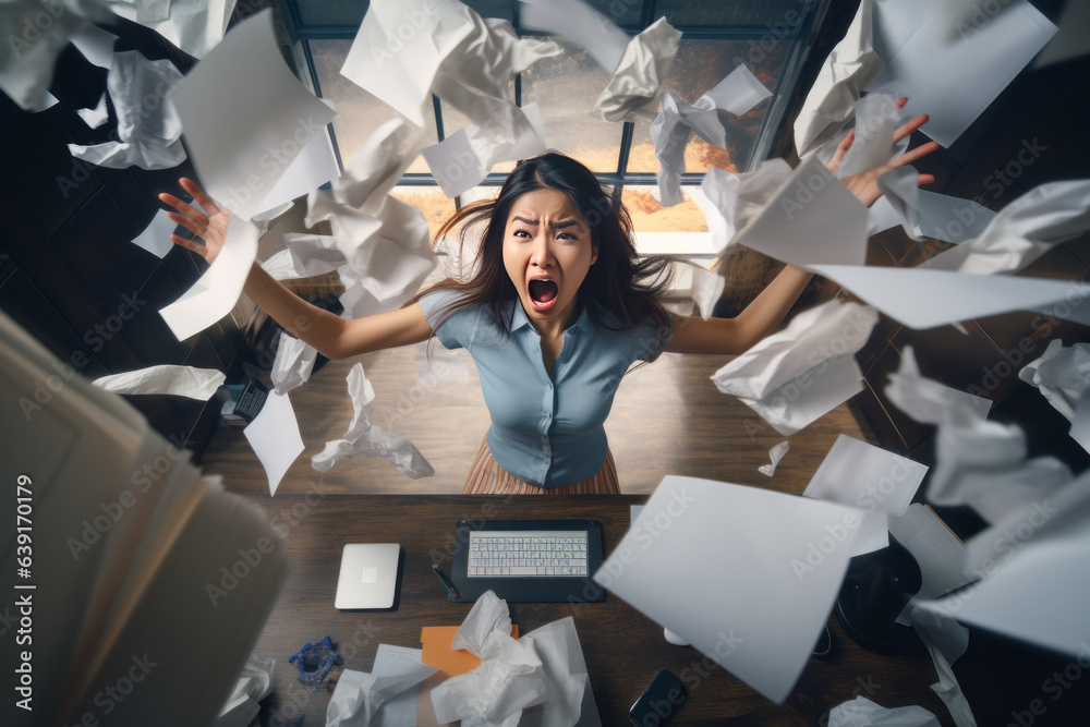 Pissed off asian office worker cluttered with paperwork shouting, theme ...