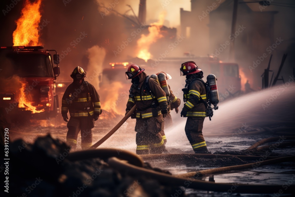 Teamwork. A group of firefighters while extinguishing a fire. Brave ...