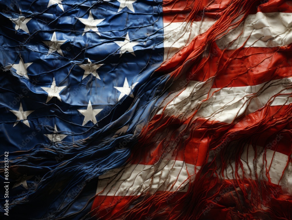 Using a macro lens, the fibers of an aged American flag reveal ...