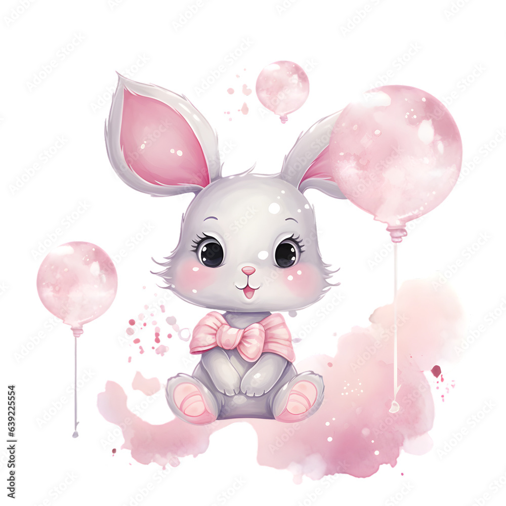 Pink cute bunny with balloons watercolor cartoon illustration isolated ...