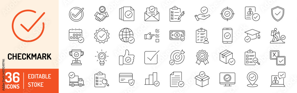 Checkmark editable stroke outline Icons set. Check, approve, ticks, quality check, confirm ...