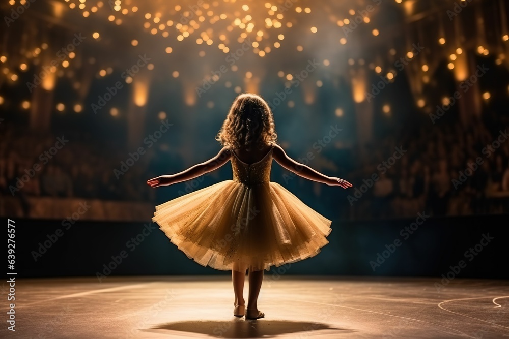 Rear view of little girl dancing ballet under spotlight on stage ...