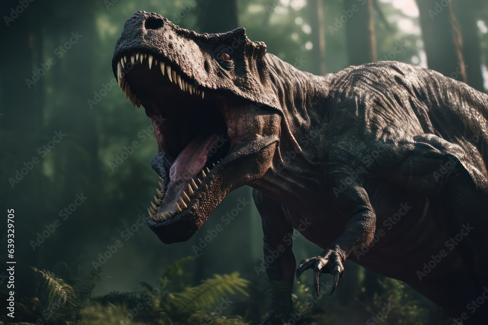 Tyrannosaurus Rex roaring in forest, T-rex Jurassic prehistoric animal ...