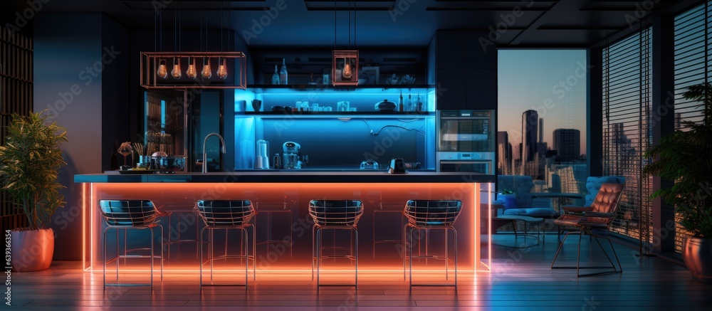 Nighttime illustration of a modern kitchen with a counter bar pendant ...