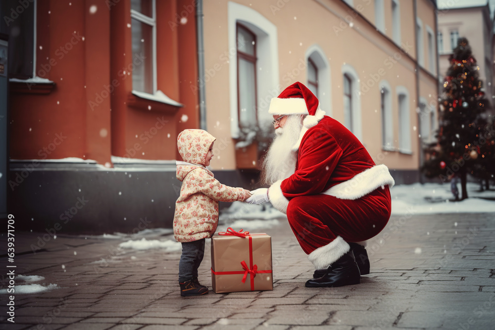 Santa claus delivering a gift to a needy child. Generative AI. Stock ...