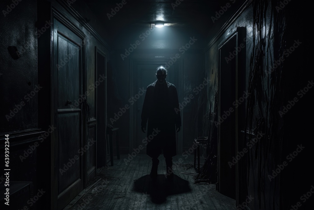 Foto de Stock Horrific scene of a dark corridor with a scary silhoutte ...