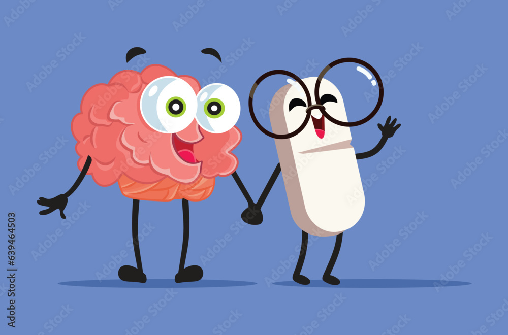 Cartoon Brain Holding Hands with a Medicinal Pill Vector Illustration ...