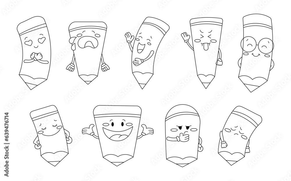Pencil character cartoon. Coloring Page. Different emotions school ...