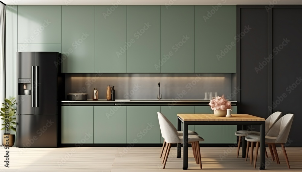 Sage green wall partition with white baseboard on parquet and table ...