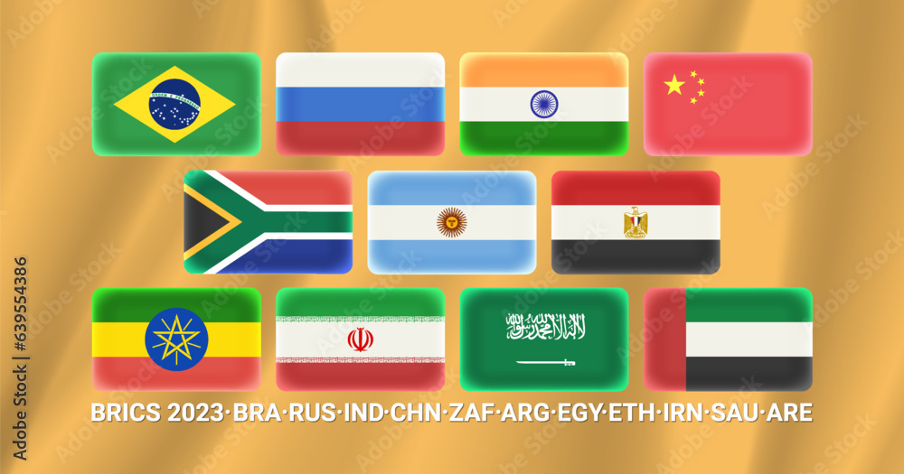 Vector set of national flags of the BRICS organization in 2023. Brazil ...
