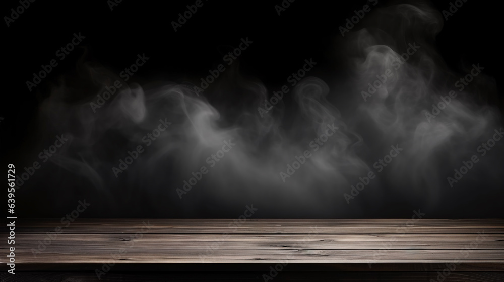 Wooden empty rustic table with smoky cloudy dust fog mist background ...
