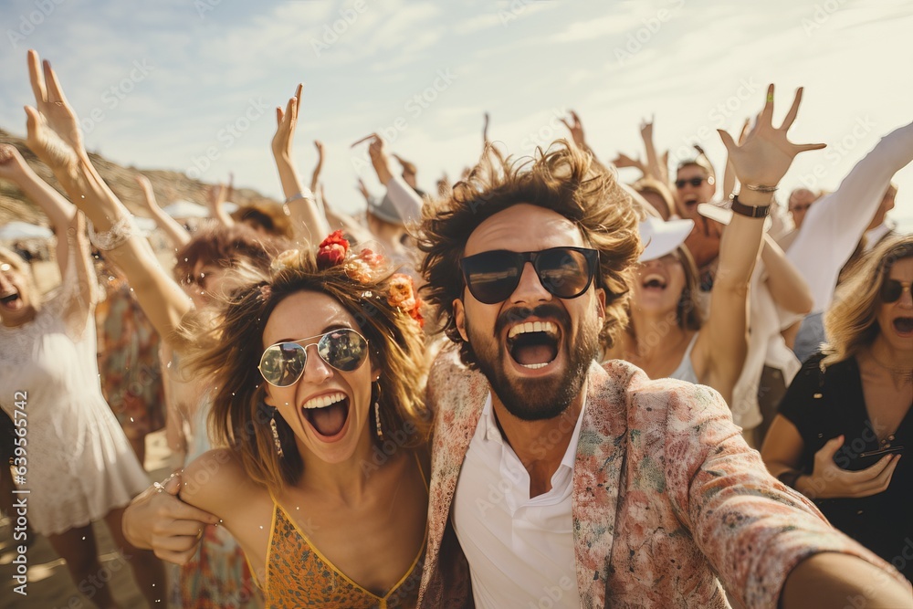 wedding celebration in the boho style at the beach: bride and ...