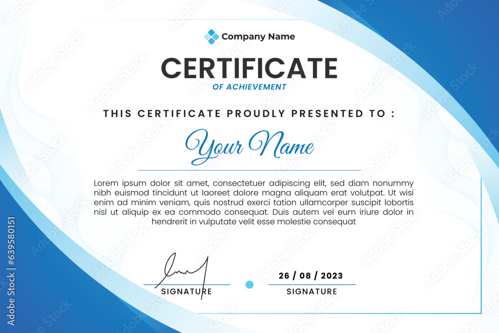 Blue certificate of achievement template with Blue Wave border. vector ...