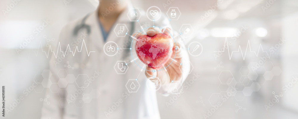 World heart health day concept with doctor or cardiologist holding ...