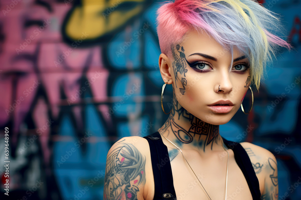 Beautiful Punk Young Woman With pink hair and Tattoos Looking At The ...