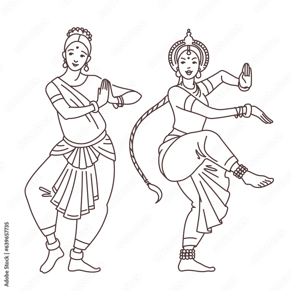 Indian dancers in traditional costumes. Vector drawings isolated on ...
