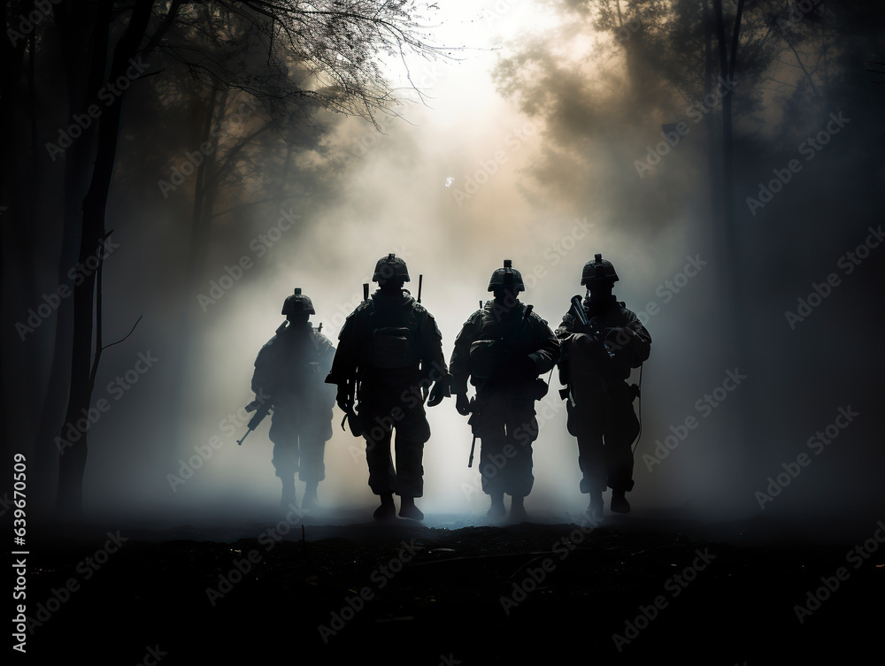 Scary silhouette of American soldiers. American soldiers emerge into ...