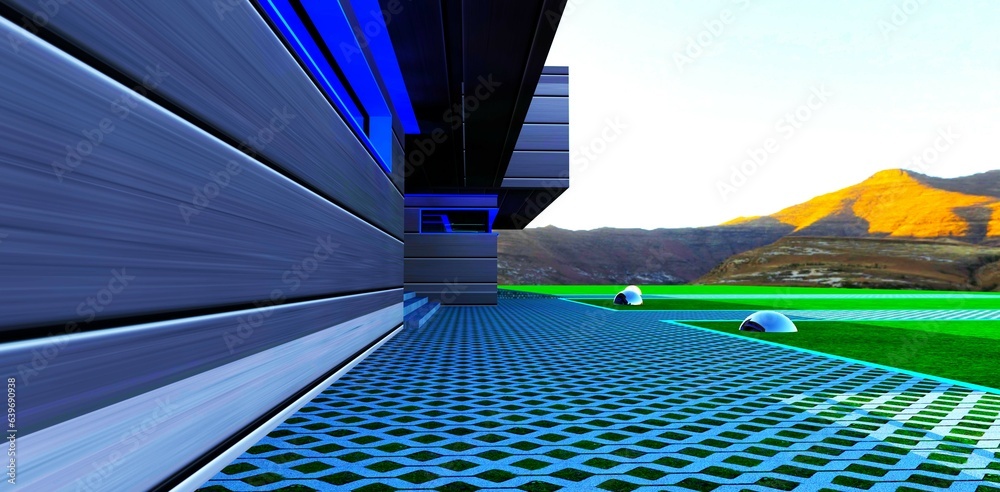 Concrete grid on the lawn as a pavement of the contemporary country ...