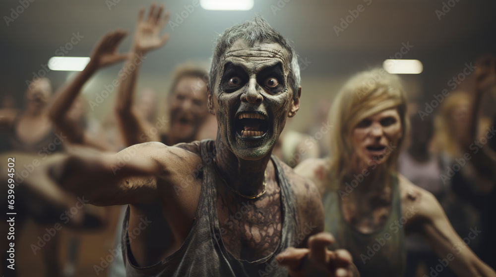 Zombies in a closed classroom. Zombies dancing in a dance hall with ...