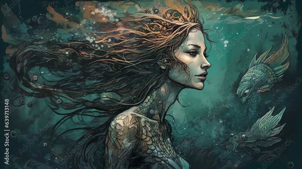 Beautiful mermaid siren of the sea with long curly hair. The mermaid ...