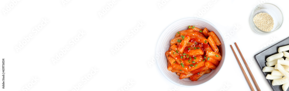 Tteokbokki spicy rice cakes on white background. Tteokbokki or simmered ...