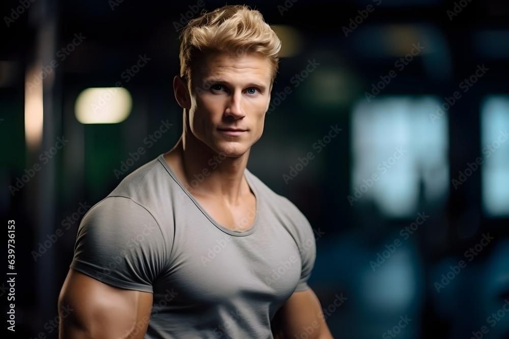 Muscular caucasian blond male fitness coach in a gym background ...