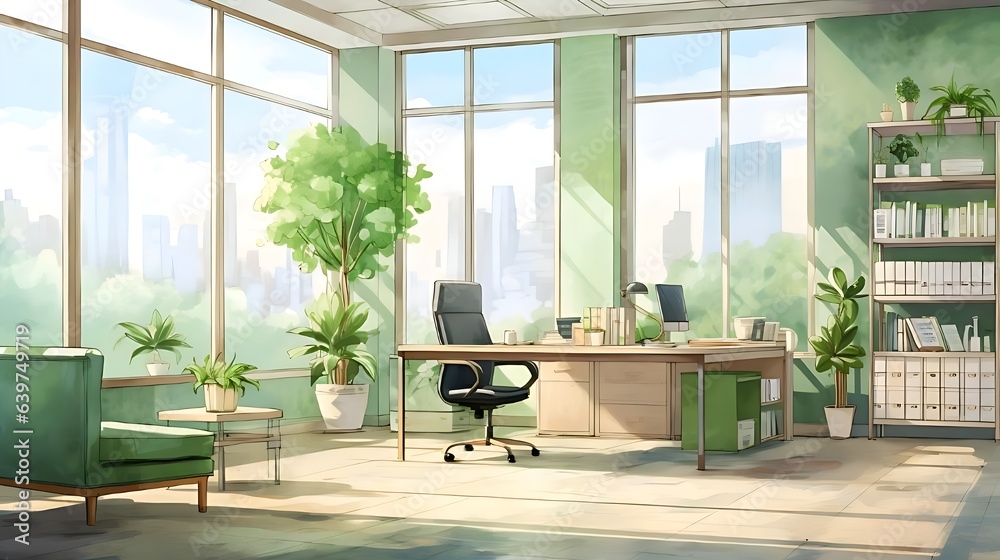 Watercolor green office interior building Elenvironment background. 8k ...
