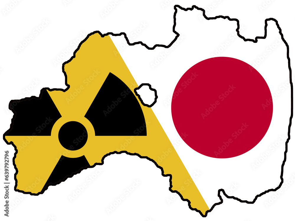 Double exposure of Fukushima, Japan on map with nuclear radiation ...