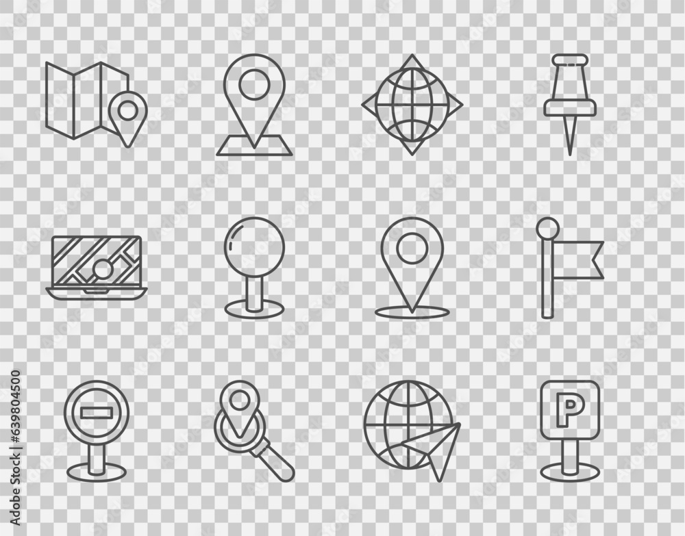 Set line Stop sign, Parking, World globe with compass, Search location, Folded map marker, Push ...