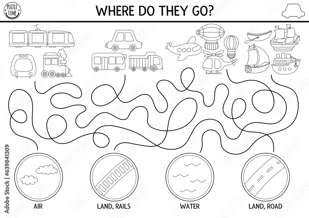 Transportation black and white maze for kids with transport. Air, land ...