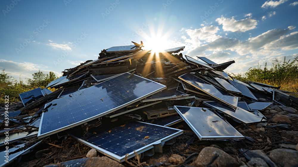 A dump of broken solar panel recycle . End of life renewable energy ...