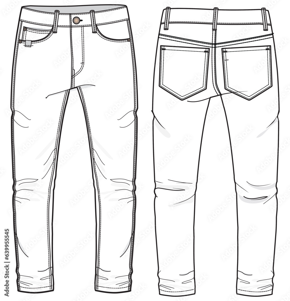 Vetor Men's denim jeans trouser pants front and back view flat sketch ...