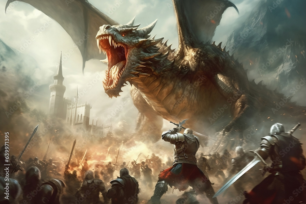 Huge scary dragon / monster against knights / templar knights ...