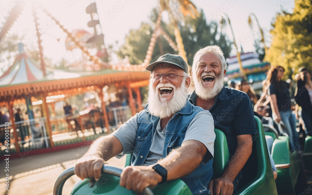 Two elderly seniors have fun in an amusement park, ride a roller ...