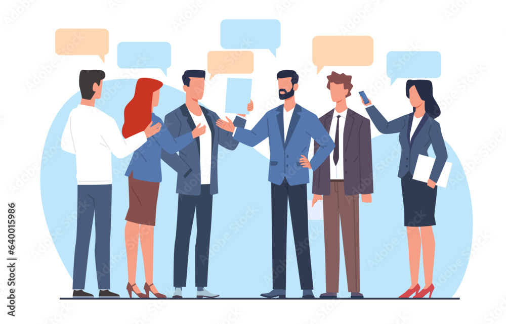 Business people, men and women talking to each other. Empty speech ...