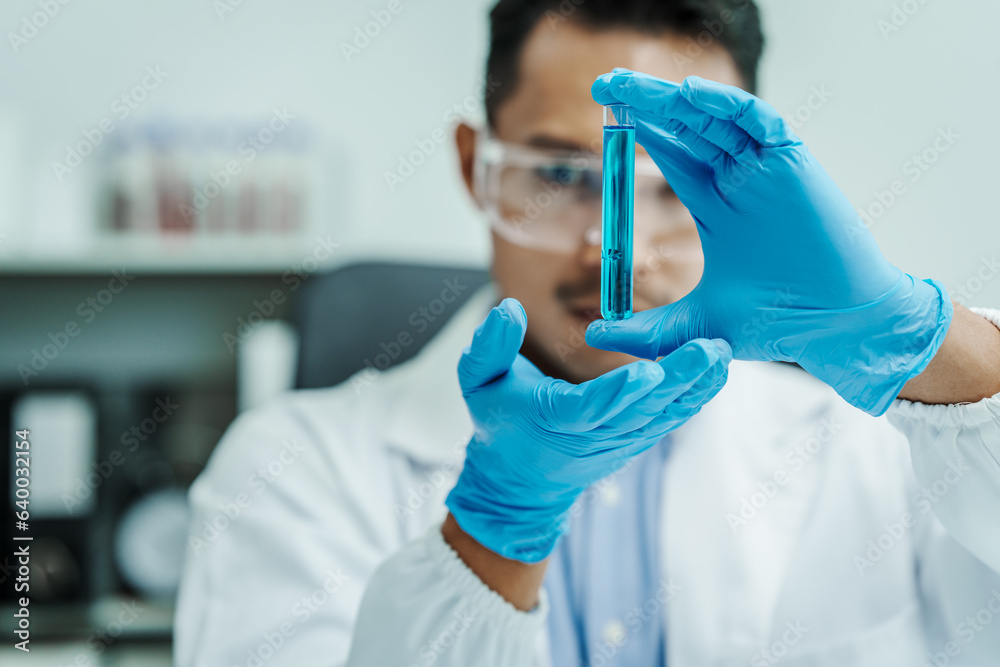 Asian male scientists white coat conducting research investigations ...