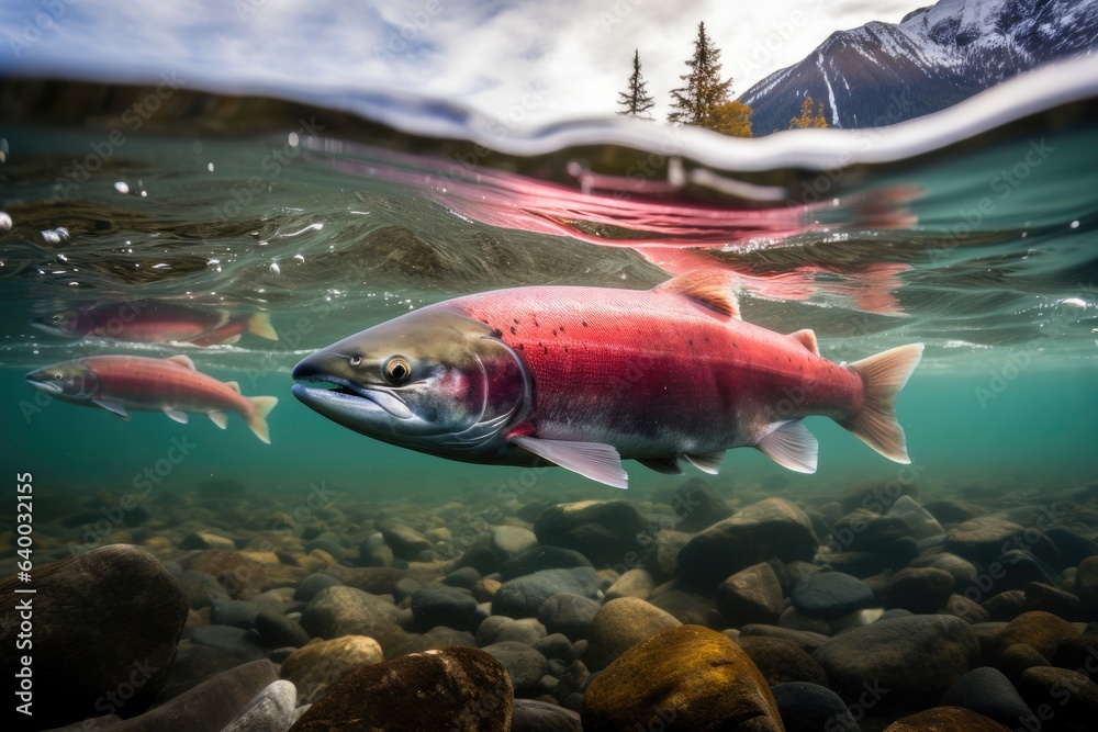 red spawning salmon run journey up river in an Alaska river, cycle of ...