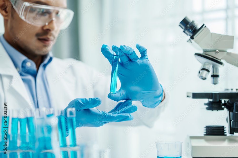 Asian male scientists white coat conducting research investigations ...