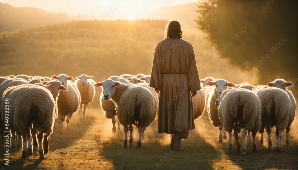 Bright sunlight shines on shepherd Jesus Christ leading sheep and ...