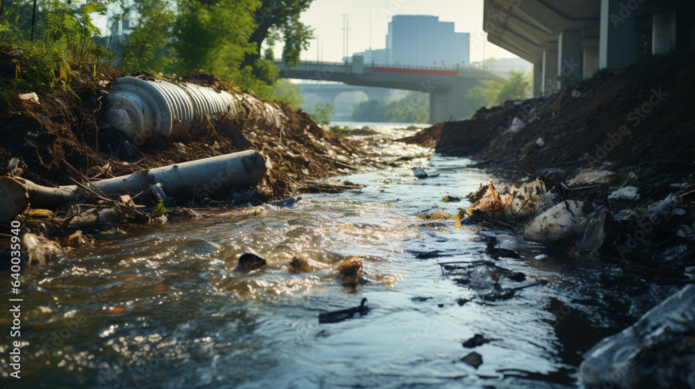 Contaminated water concept, Dirty water flows from the pipe into the ...