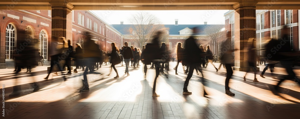 Crowd of students walking through a college campus on a sunny day ...