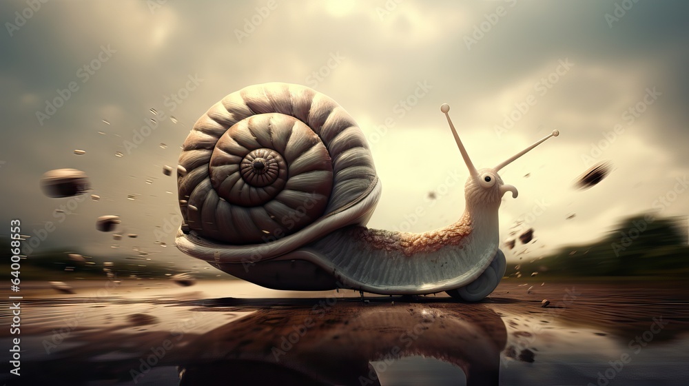 An imaginative image depicting a snail zooming rapidly toward a finish ...