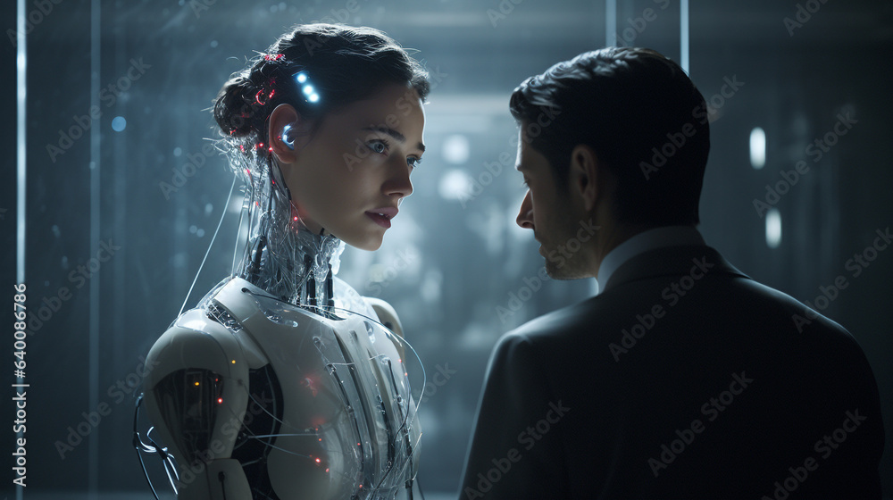 Businessman Engaging with Female AI Robot: Exploring Voice Cloning and ...