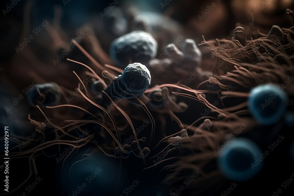 3D scene of microorganisms under a microscope. Science bacteriology ...