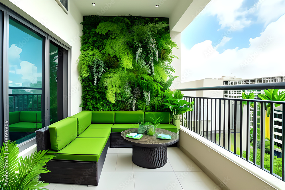 Modern Seating Oasis Adorned with Lush Greenery. Second floor balcony ...