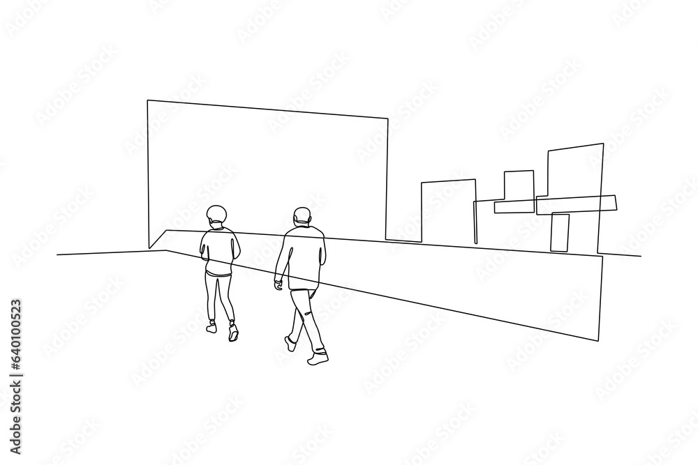 Continuous one line drawing People going along city street. Urban ...