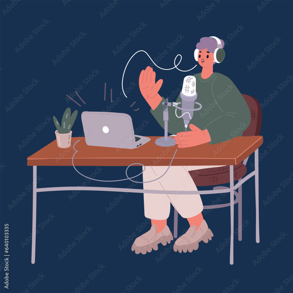 Cartoon vector illustration of Podcast content. Excited handsome making ...