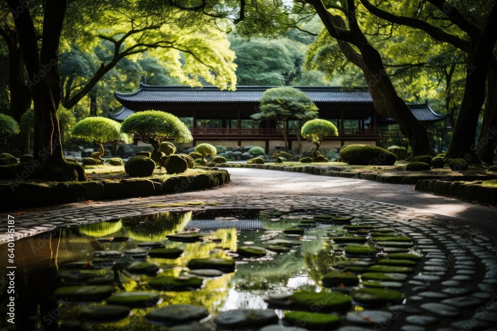Capture the serenity of a zen garden with a wide-angle shot, using ...